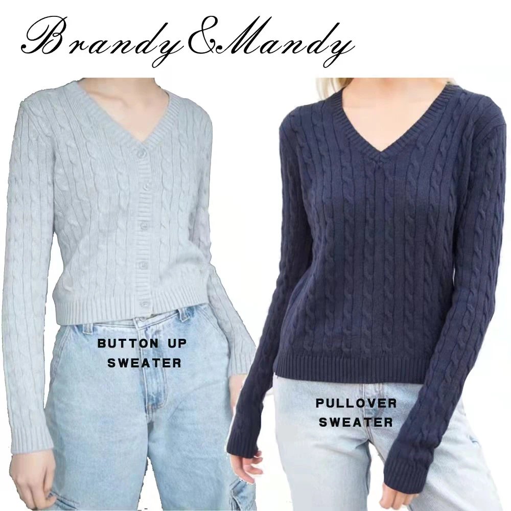 Brandy Mandy Sweaters Women White Knit Sweater Autumn Winter V Neck ...