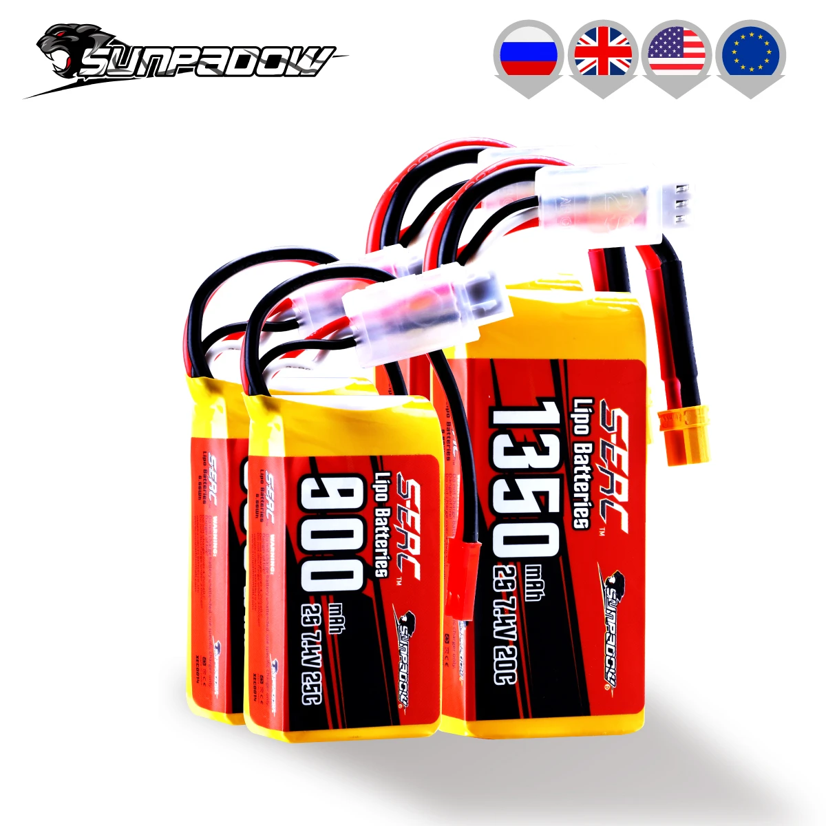 2packs Sunpadow 2S 7.4V Lipo Battery 900mAh 1350mAh 20C 25C Soft Pack ...