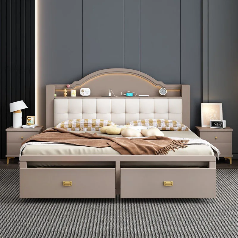 High-End-Double-Bed-Designer-Drawers-Storage-Wood-Headboard-Twin-Bed ...