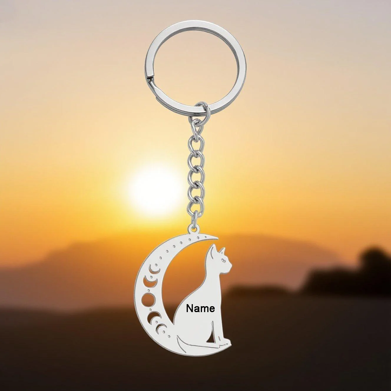 Custom Moon Cat Silhouette Keychain Supporting Exclusive Names For ...