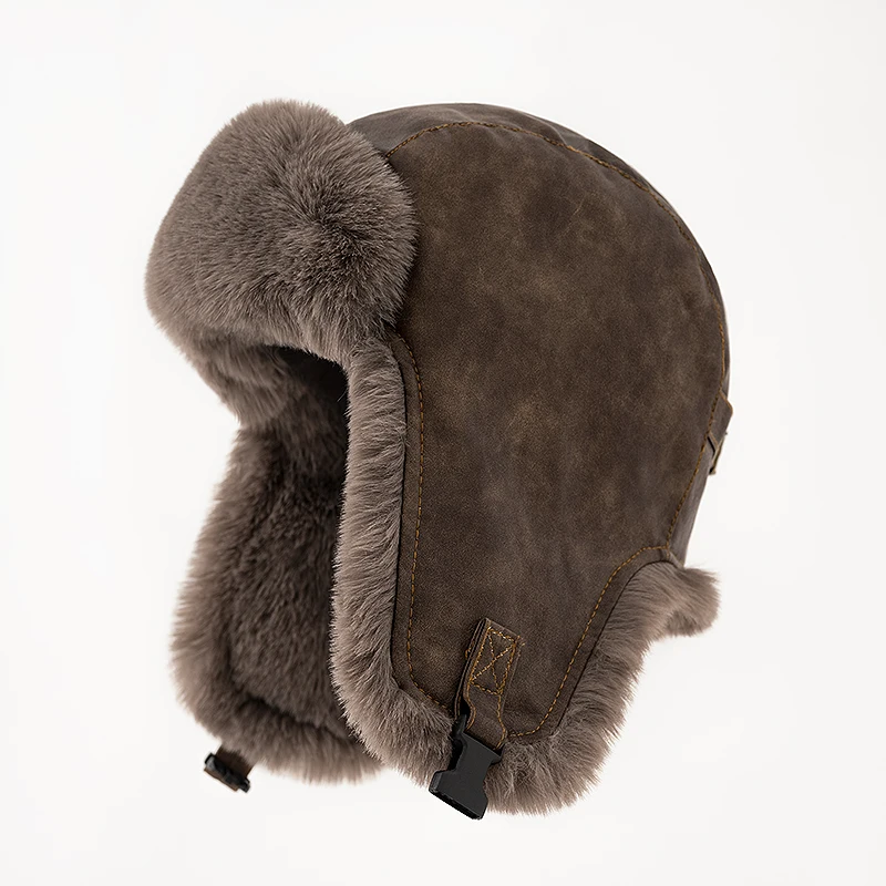 New Windproof Cycling Cap With Ear Flaps Winter Fur Bomber Hat Leather ...