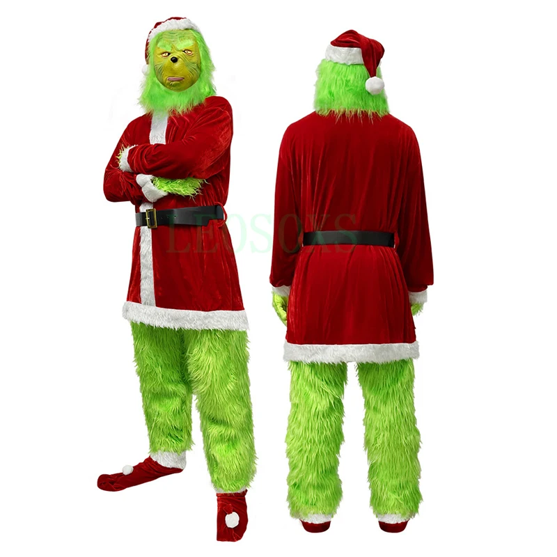 Adults Grinch Christmas Costume Green Fleece Santa Suit Coat Pant Mask ...