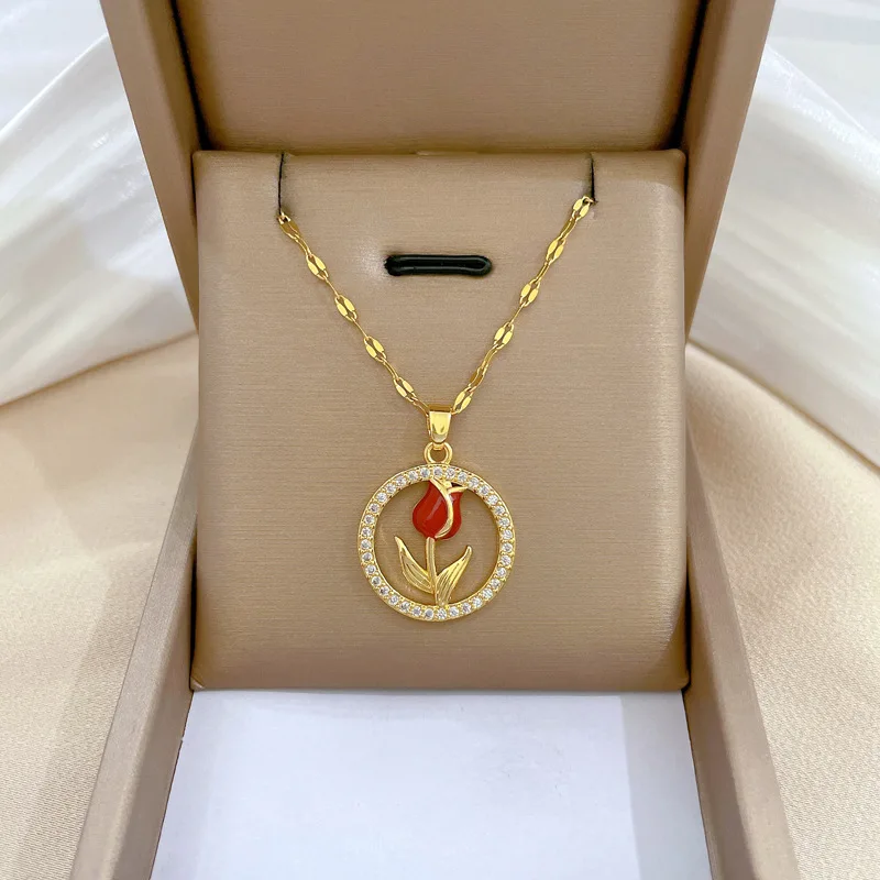 Stainless-Steel-Red-Tulip-Flower-Pendant-Necklace-For-Women-Moon-Planet ...