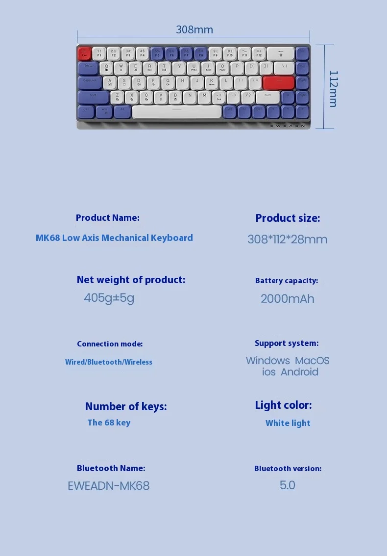EWEADN MK68 Low Profile 70% Wireless Bluetooth Mechanical Keyboard ...