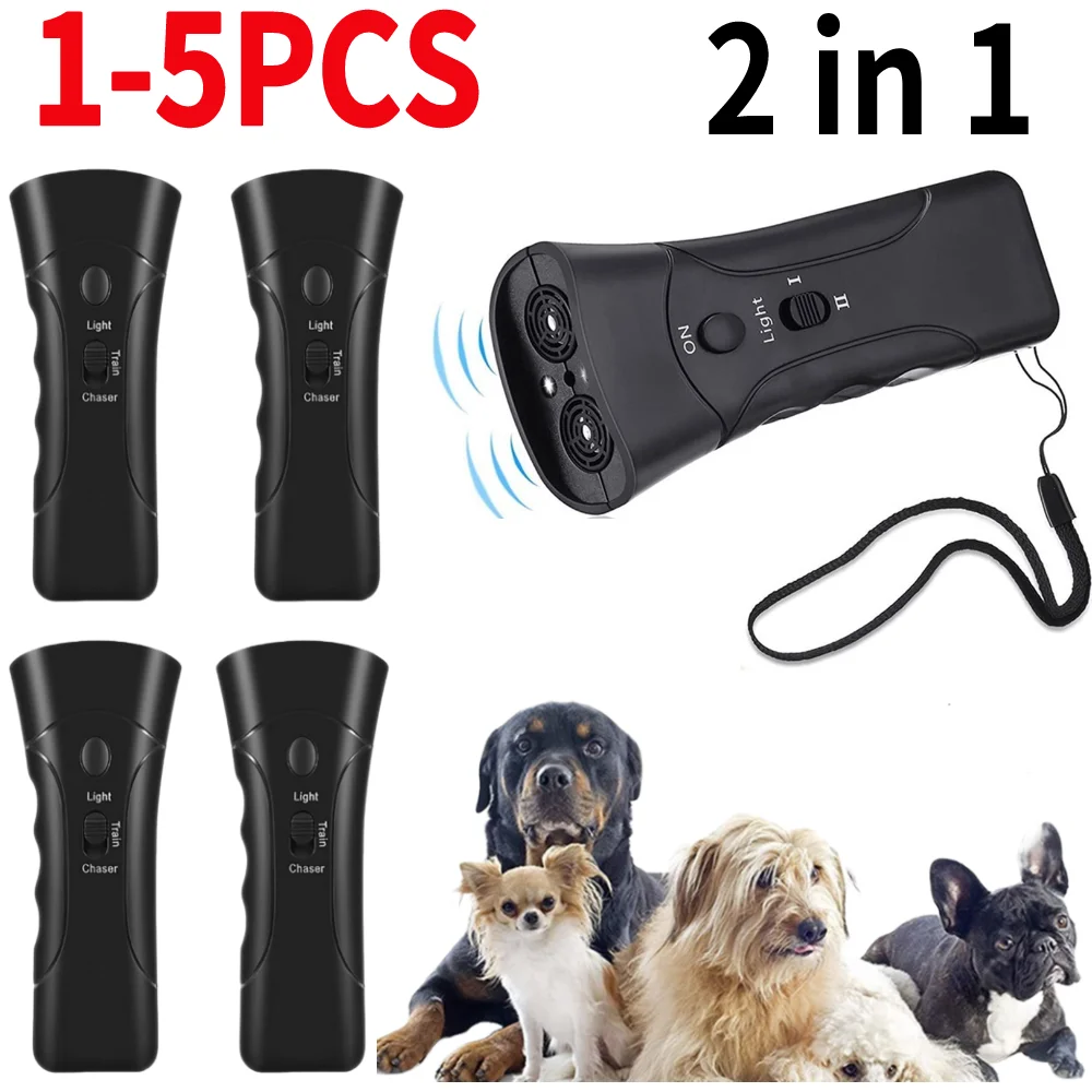 1-5PCS 2 in 1 Ultrasonic Dog Repeller Plastic with LED Flashlight Anti ...