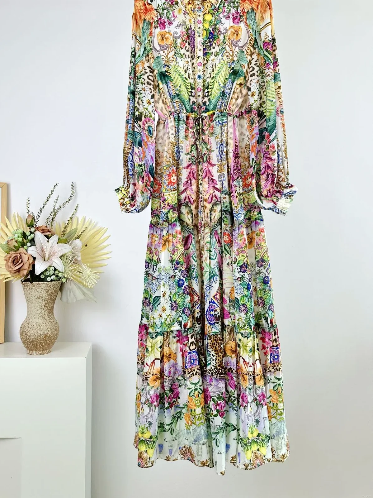 Women-Beaded-Midi-Dress-Floral-Printed-Turn-down-Collar-Long-Sleeve ...