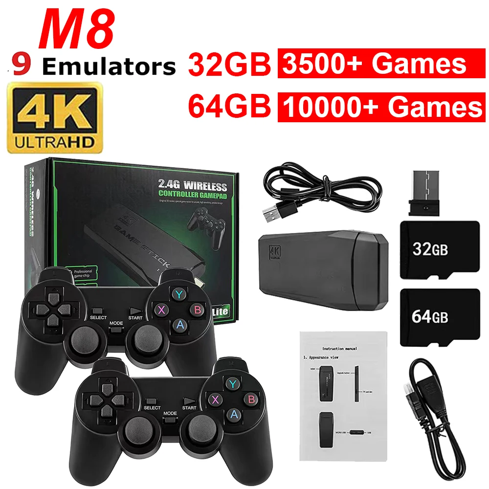 32g - Console de jeu vidéo M8, double manette sans fil, clé de jeu, 4K HD Lite, 2.4 jeux ...