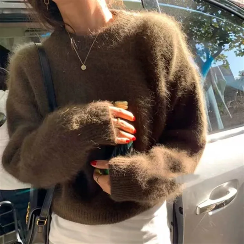 Real-100-Mink-Cashmere-Sweater-Fluffy-Loose-Round-Collar-Jumper-Female ...