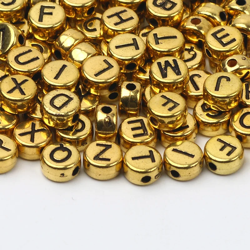 100pcs Gold Color Letter Beads Flat Round Acrylic Alphabet Beads For ...
