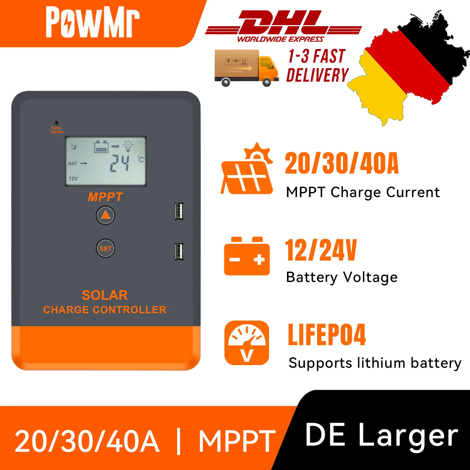 PowMr Solar Charge Controller MPPT 20A/30A/40A Charging Auto LCD ...