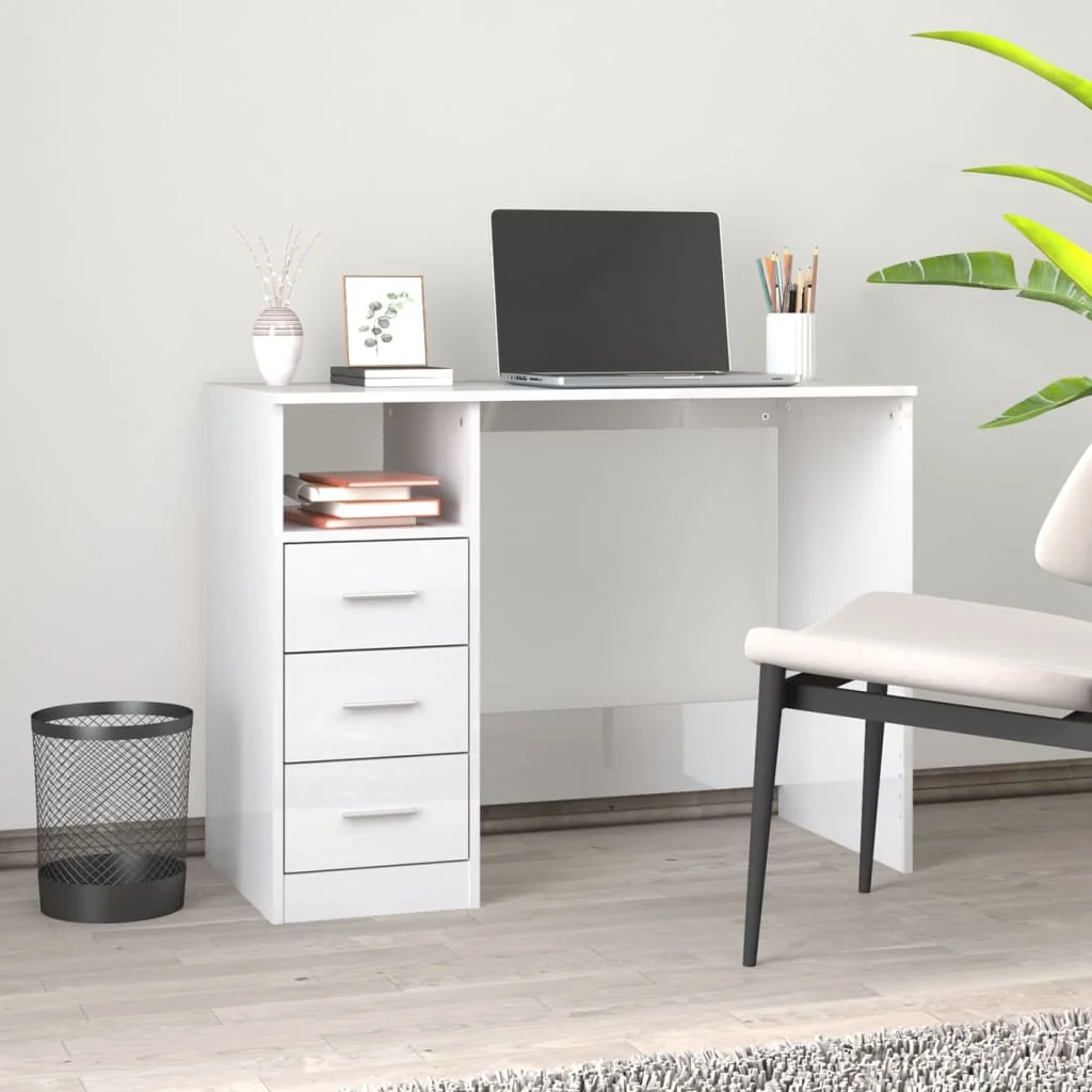 Shiny white desk and drawers 102x50x76 cm engineering Wood Nordic study ...