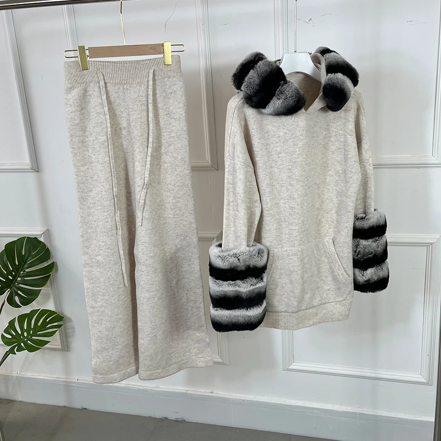 Women-s-Cashmere-Sweater-With-Real-Rabbit-Fur-Collar-Cuffs-Winter-Warm ...
