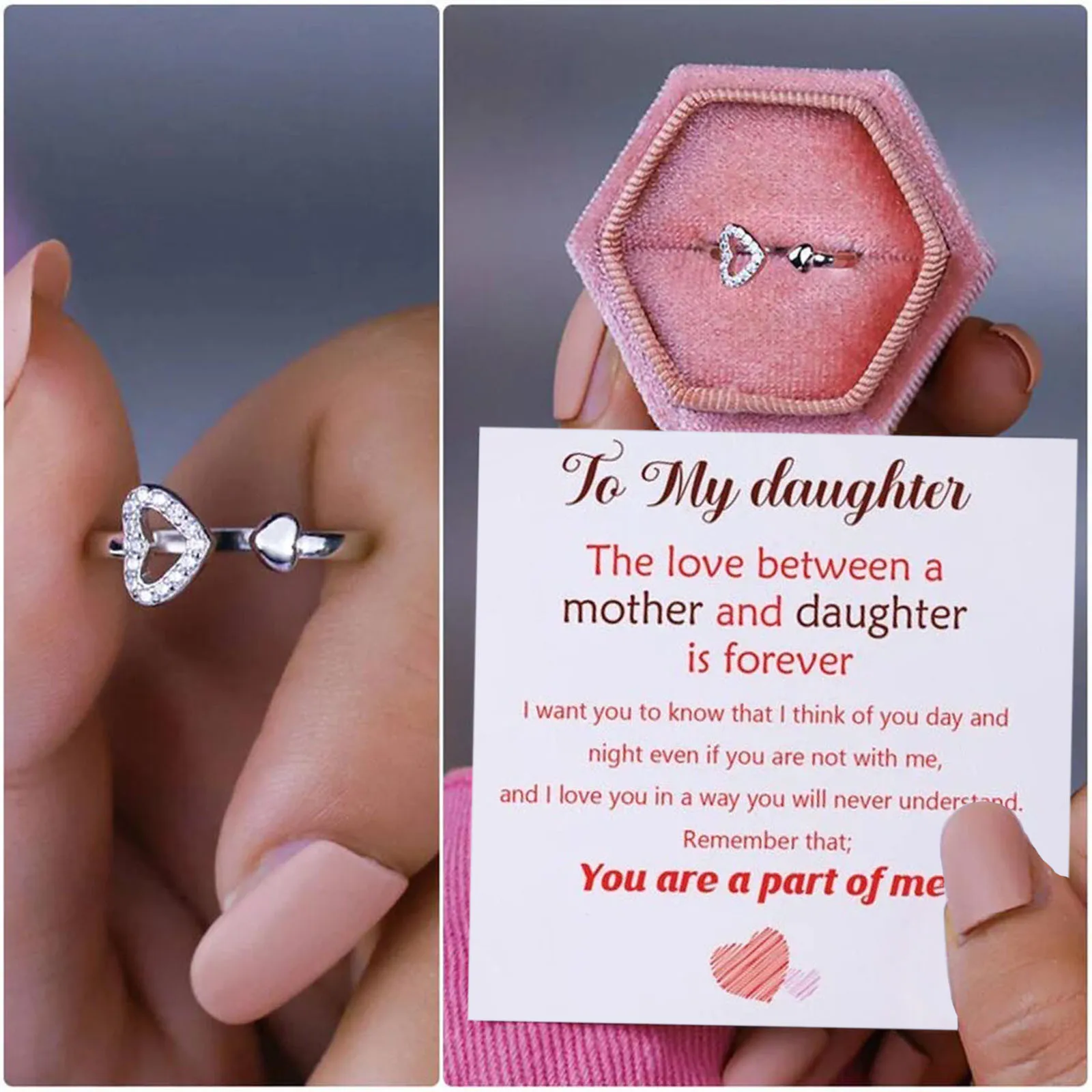 A mi hija anillo de doble corazón con tarjeta para ti eres una parte de ...