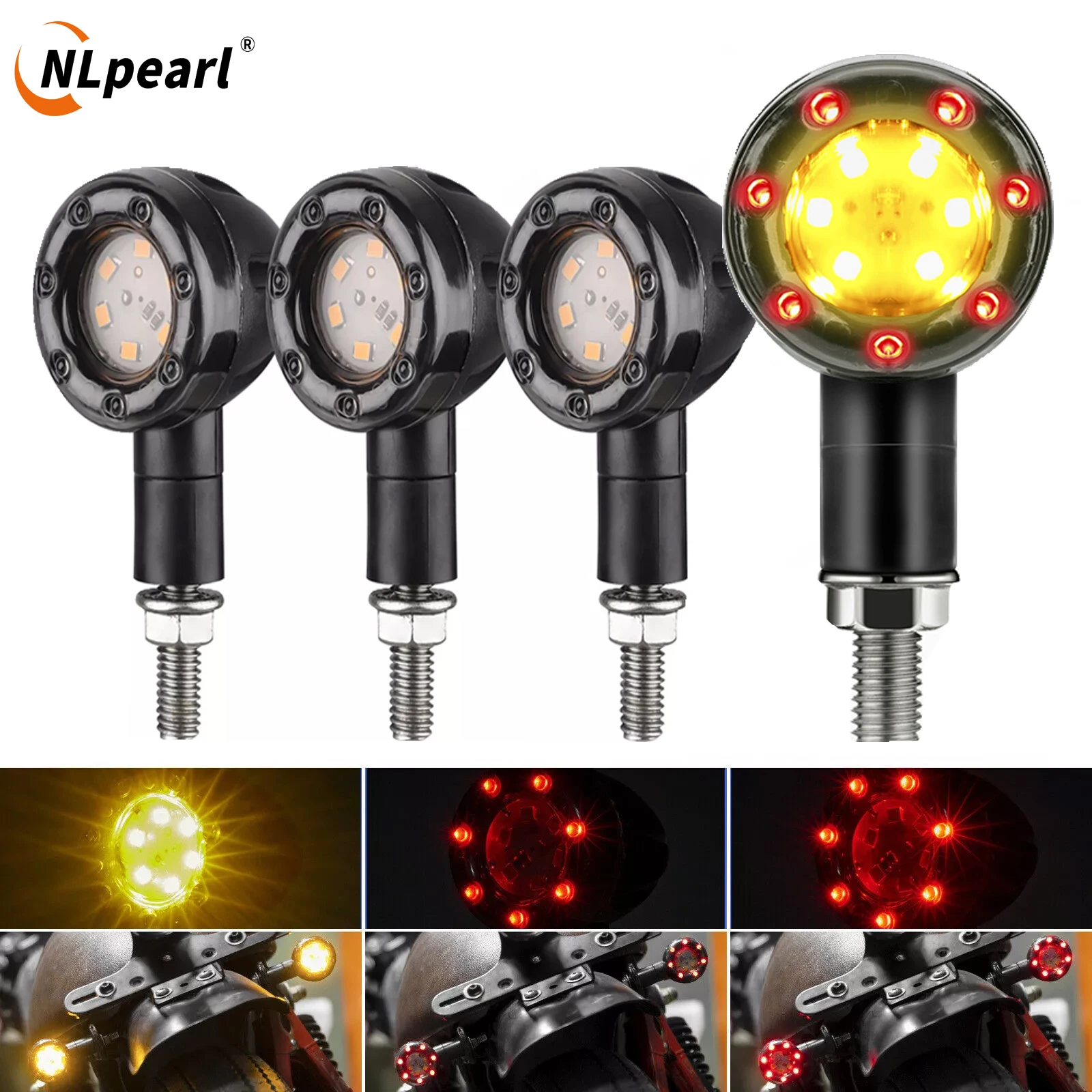 2/4Pcs Motorcycle LED Turn Signal Indicators Stop Light Amber and Red ...