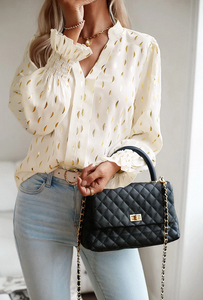 Autumn-Hot-Stamping-Shirt-Women-Elegant-Office-V-neck-Ruffles-Sleeve ...