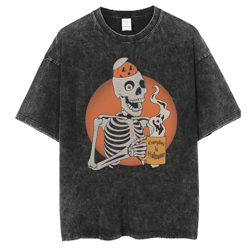 Vintage-Washed-T-shirts-Gothic-Skeleton-Print-T-Shirt-Hip-Hop ...