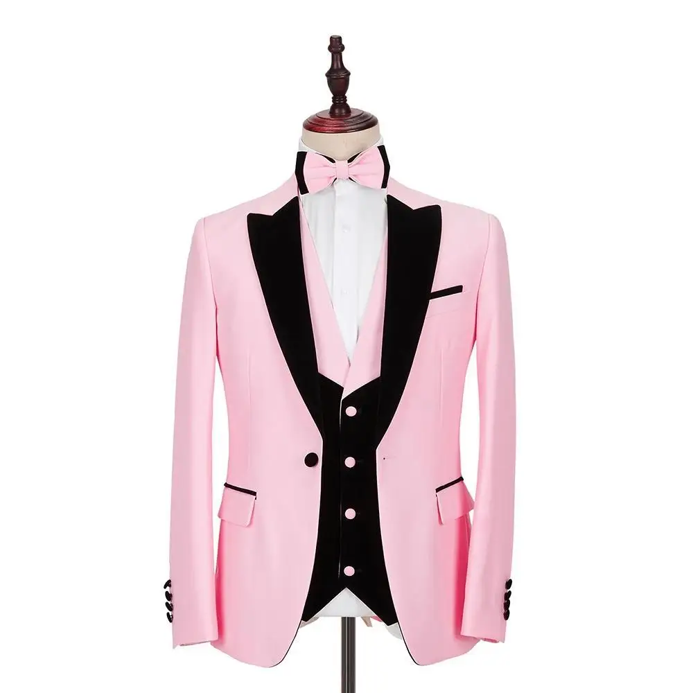2024-Wedding-Blazer-Pink-Terno-Full-Set-Jacket-Pants-Vest-Black-Peaked ...