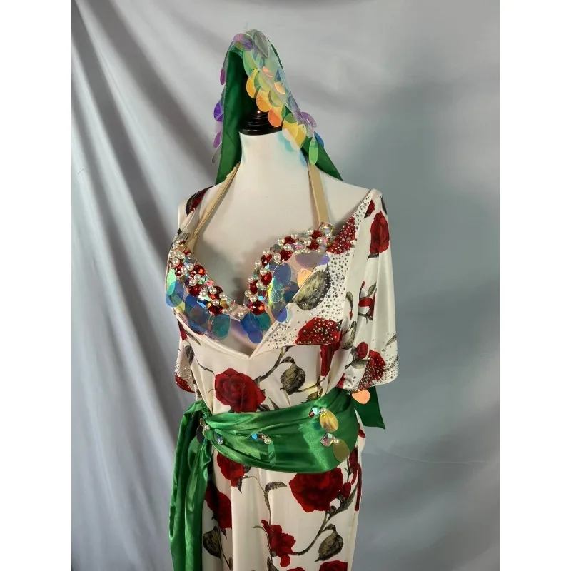 Customized Belly Dance Robe Performance Dress Baladi Saidi Rose Printed ...