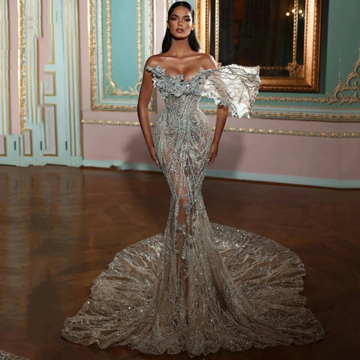 Gorgeous Crystal Sequines Mermaid Wedding Dresses See Through One ...