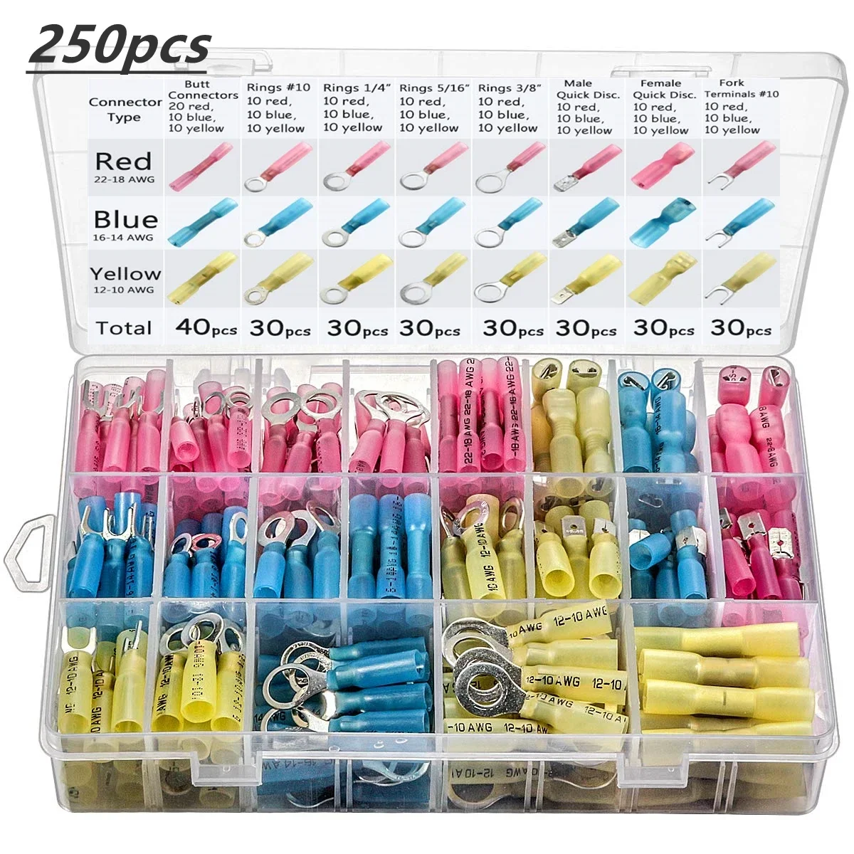 250pcs Heat Shrink Solder Wire Connectors Insulated Crimp Terminal ...