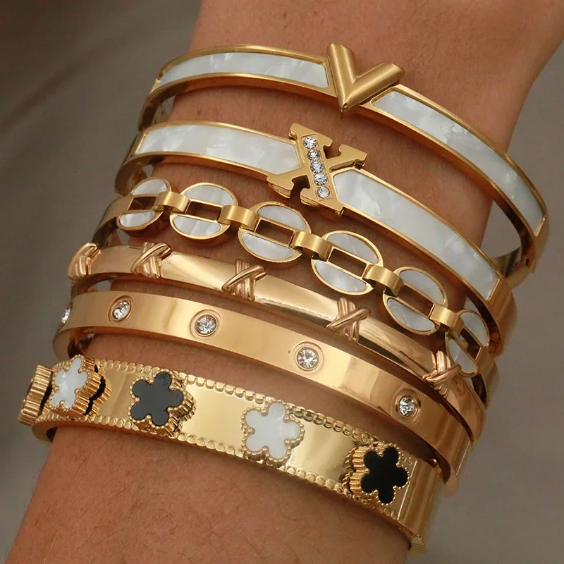 Classic-Stainless-Steel-Letter-V-Charm-Bracelet-for-Women-Metal-Flower ...