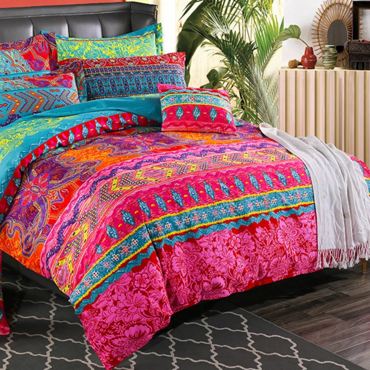 Bohemian Exotic Floral Duvet Cover Set Boho Colorful Vintage Stripe ...