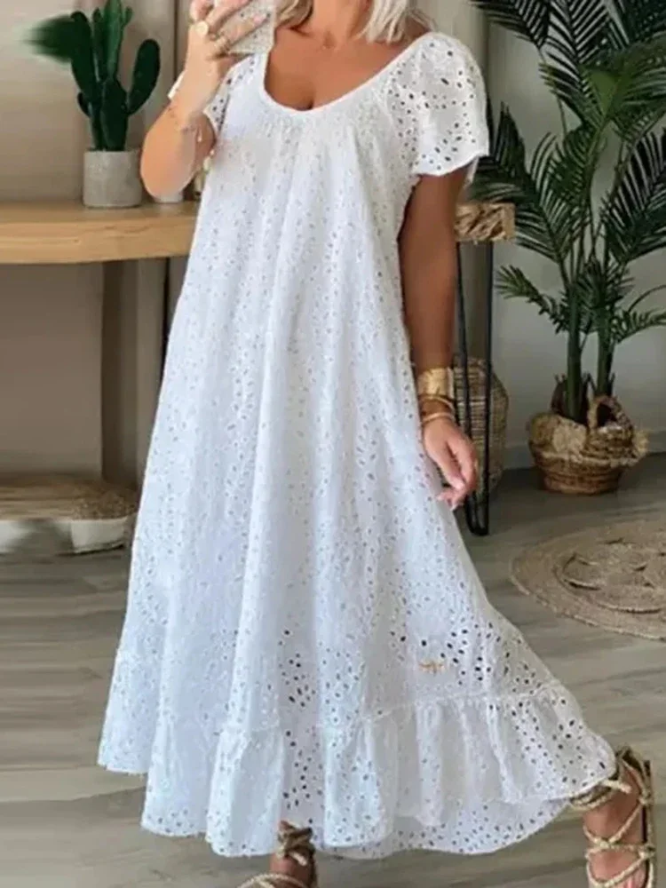 Vestido-largo-informal-con-cuello-redondo-para-mujer-ropa-holgada-de-manga-corta-color-blanco ...