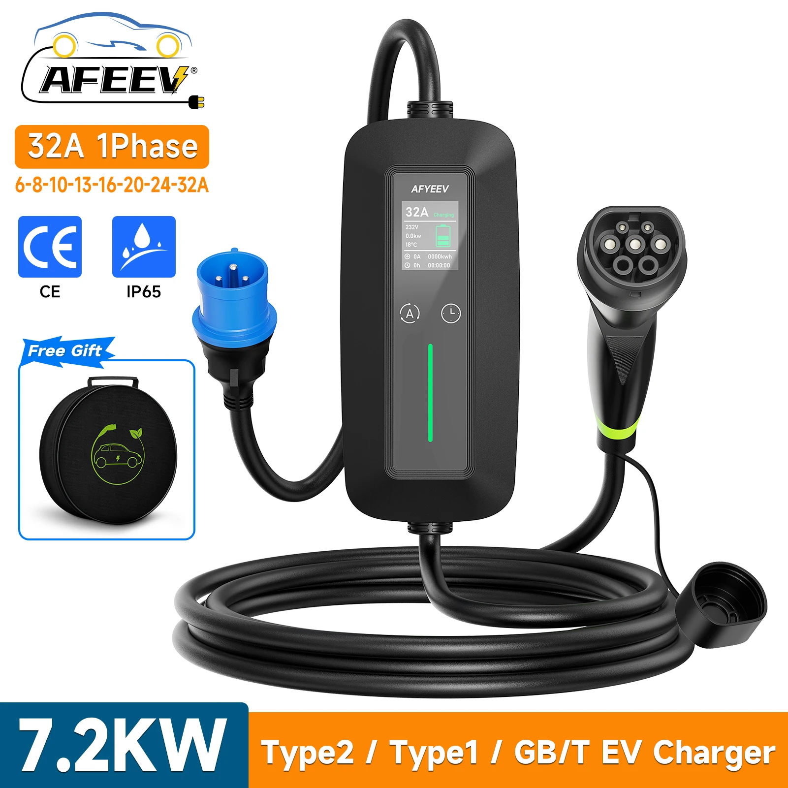 Afev 7.2kw portátil ev carregador type2/type1/gbt carregador de carro ...
