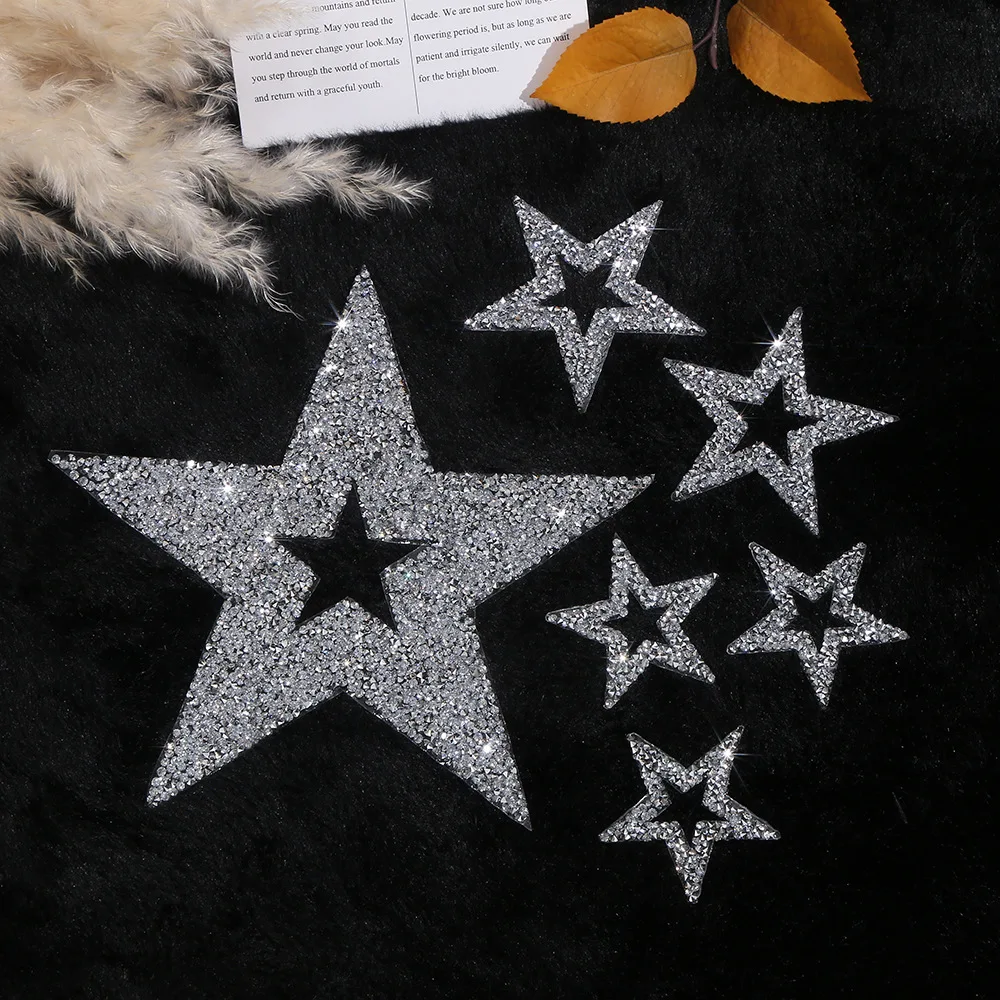 1Pcs-Crystal-Rhinestone-Silver-Hollow-Out-Star-Iron-on-Patches-Applique ...