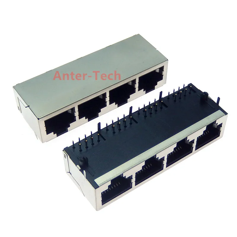 1Pcs 1*4 4 Ports Shielding RJ45 8P8C Female Jack Connector without LED PCB Mount Network ...