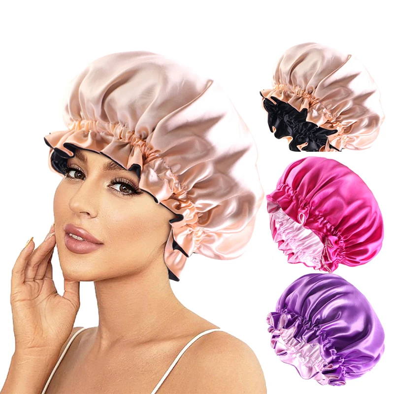 New Solid Elastic Double Layer Satin Bonnet Nightcap Doubleside Women ...