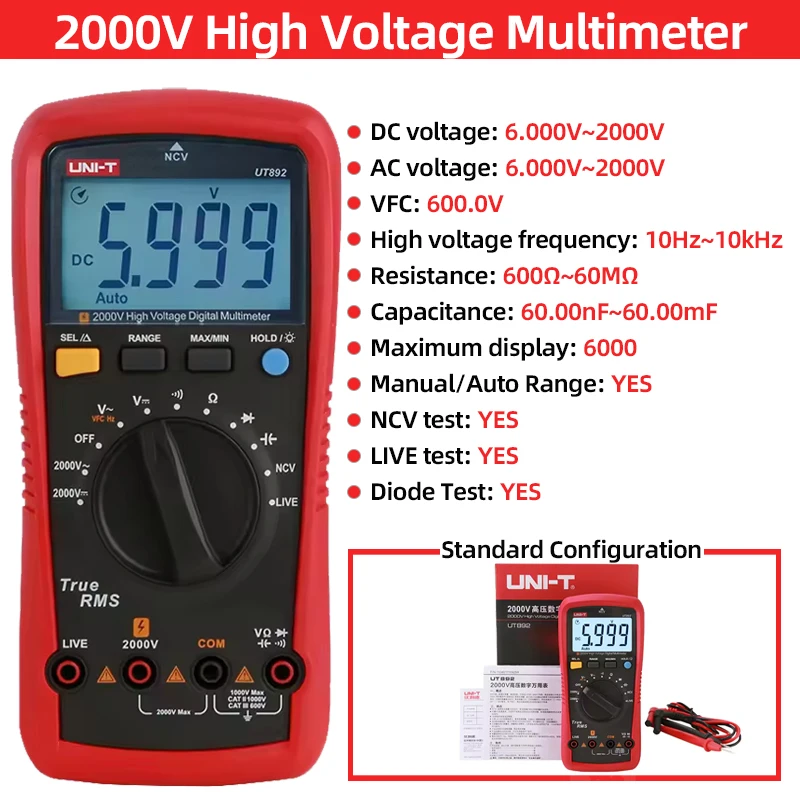 UNI-T UT892 Digital Multimeter 2000V High Voltage Detector AC DC ...
