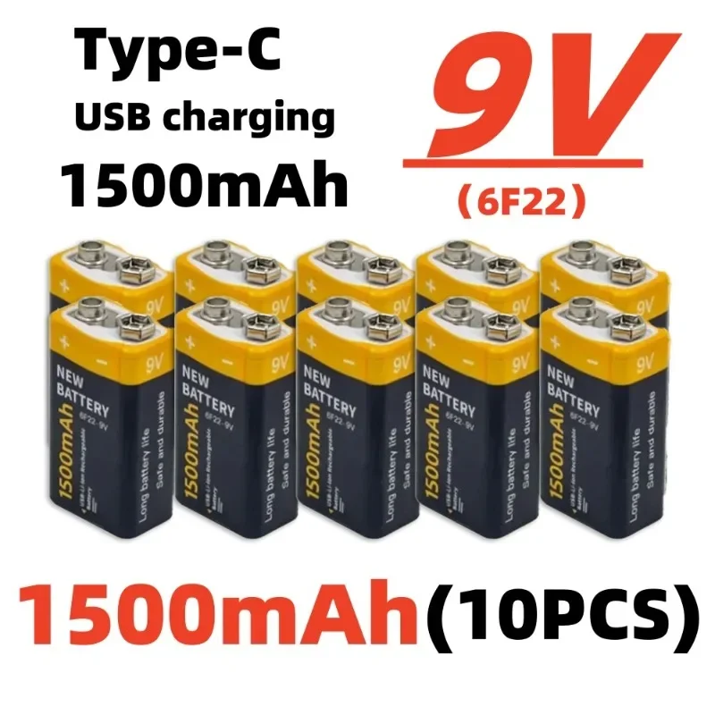6F22 9V USB rechargeable battery, 1500mAh Type-C rechargeable lithium ...