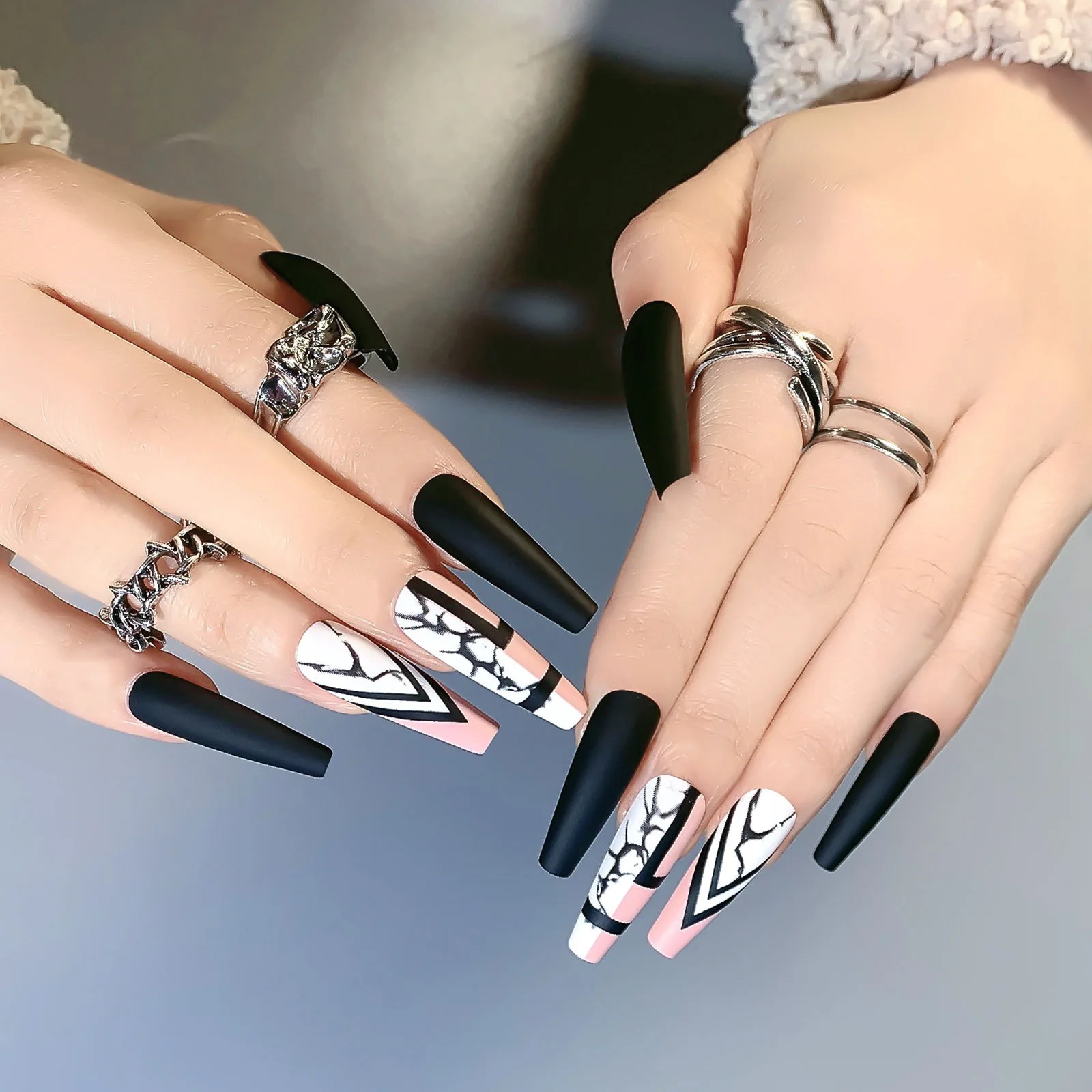24PCS-Matte-Long-Coffin-False-Nail-Black-And-White-Fake-Nails-With ...