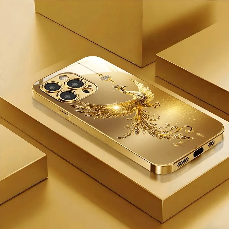 Diamond Golden Phoenix Pattern Gold Metallic Paint Glass Phone Case For ...