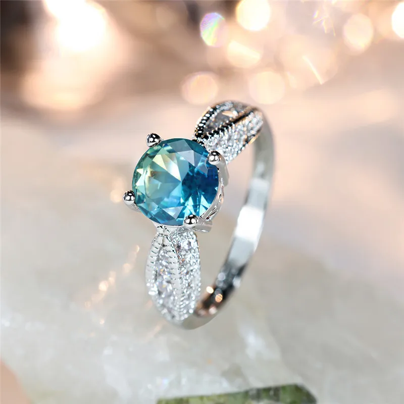 Blue Green Zircon Engagement Ring Luxury Crystal Round Stone Wedding ...