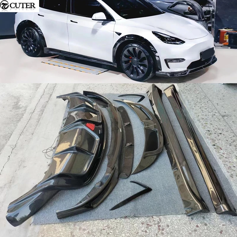 Newest Carbon Fiber Body Kit For Tesla Model Y With Front Spoiler Side Newest Carbon Fiber Body Kit For Tesla Model Y With Front Spoiler Side