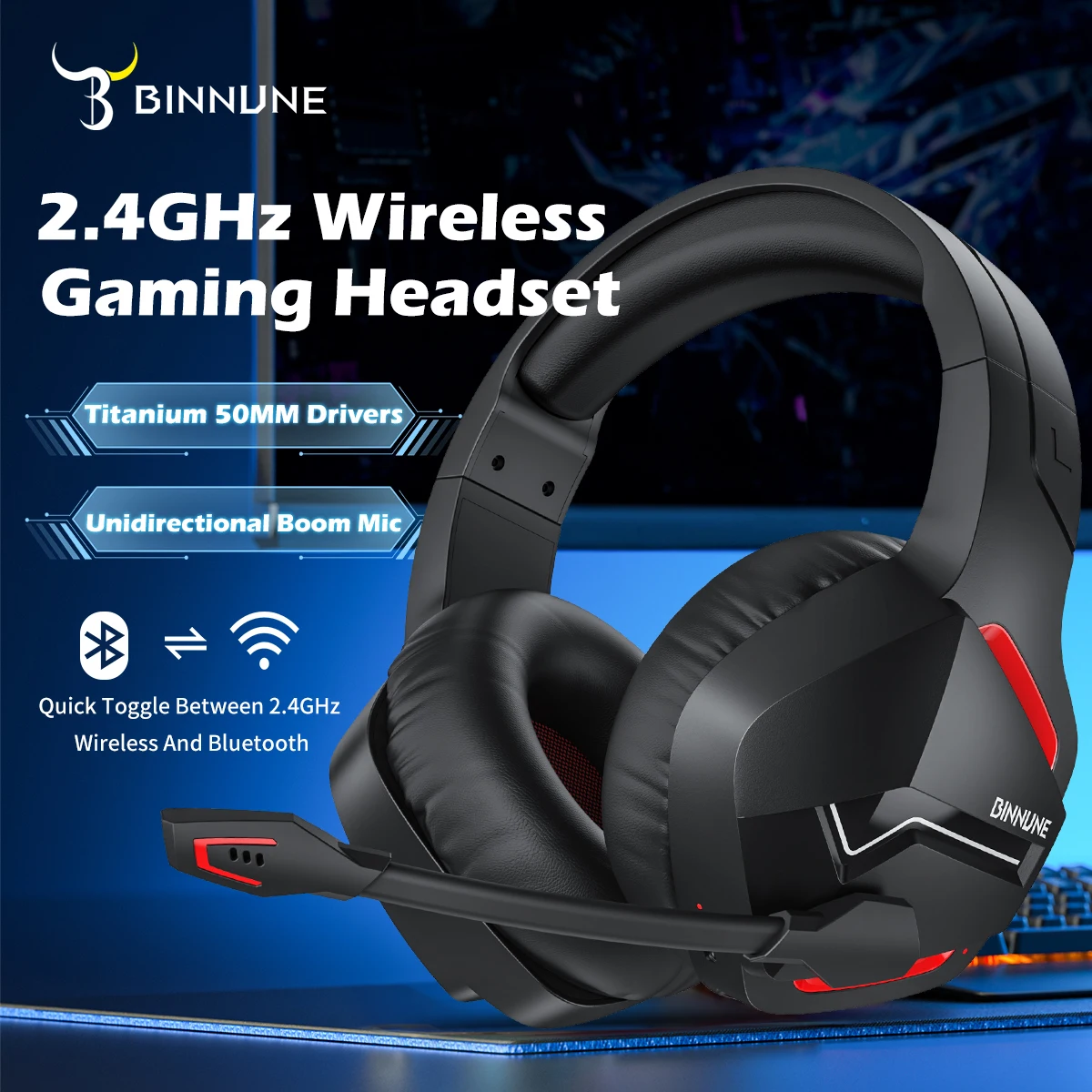 BINNUNE BW01 듀얼 무선 헤드셋 게이머용 마이크 포함 블루투스 게이밍 헤드셋 PC PS4 PS5 게이밍 헤드폰 노트북 ...