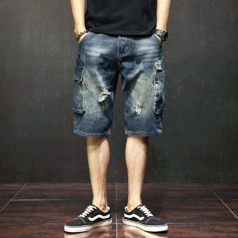 Men-s-Short-Jeans-Pants-Knee-Length-Long-Ripped-Male-Denim-Shorts-Half ...