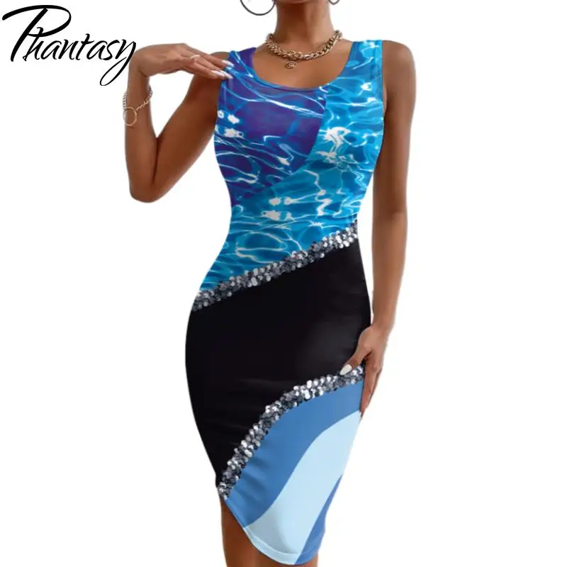Phantasy-Blue-Water-Pattern-Sundress-O-Neck-Skinny-Dress-Women-Summer ...