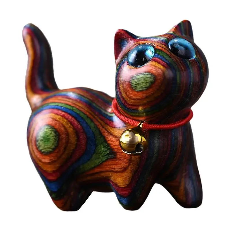 Wood Cat Statue Carved Wooden Cat Statue Rainbow Cat Ornament Home ...