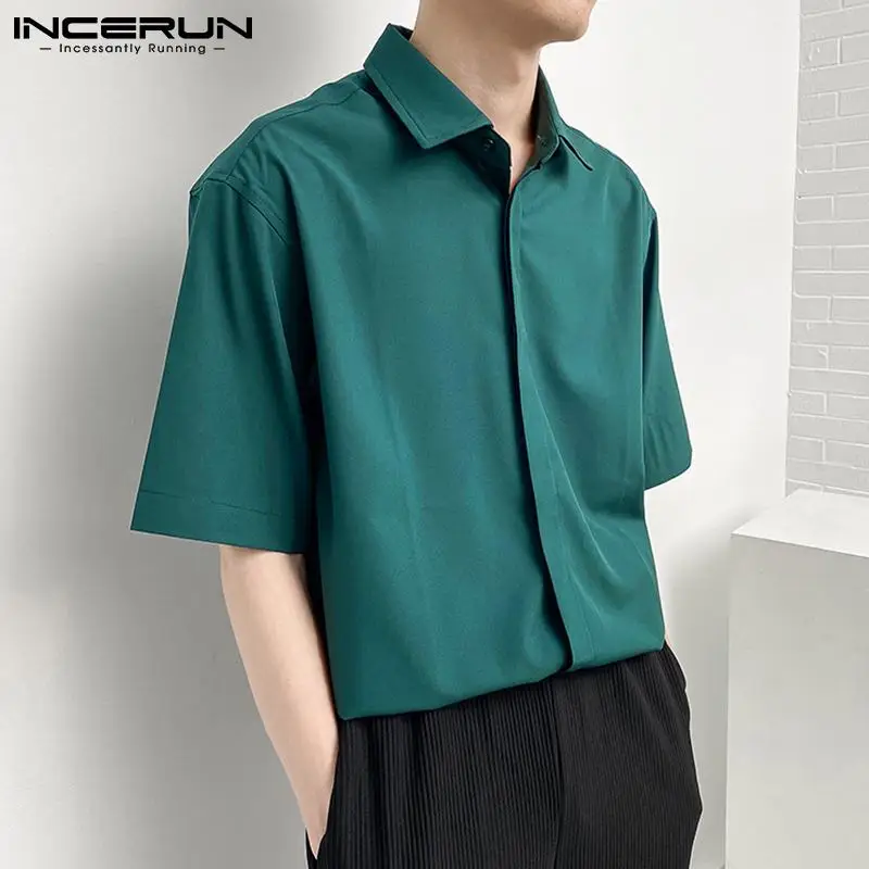 INCERUN-Solid-Color-Men-Shirt-Lapel-Short-Sleeve-Button-Casual-Shirts ...