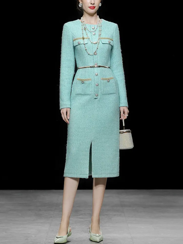 Runway-Models-Slim-Dress-For-Women-2022-Autumn-Winter-Lake-Blue-Round ...