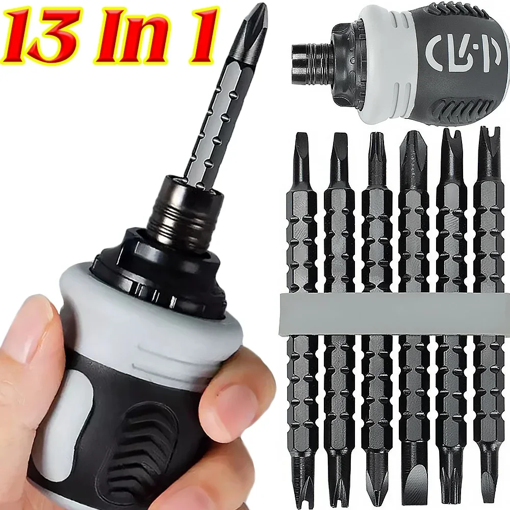13-in-1-Ratchet-Screwdriver-Set-Short-Handle-Cross-Groove-Drill-Head ...