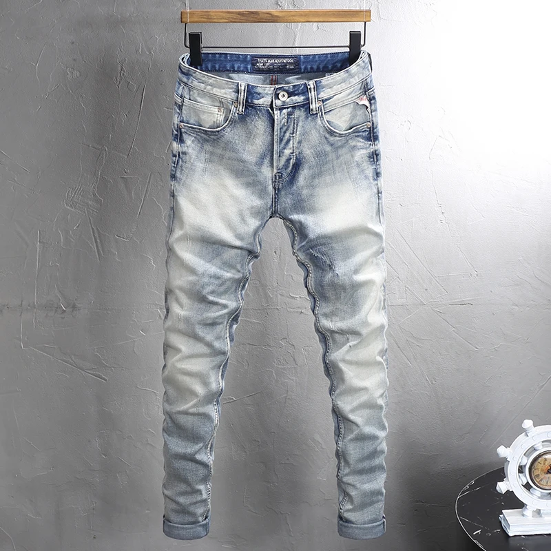 Italian Style Fashion Men Jeans Retro Light Blue Stretch Slim Fit ...