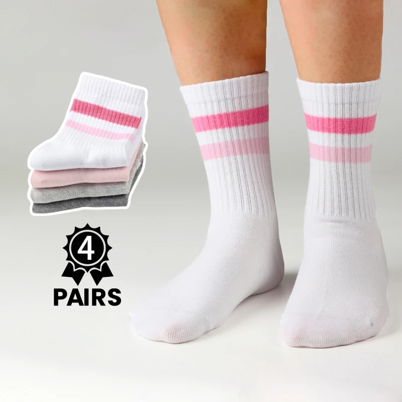 4 pairs kid's pink heart-shaped striped mid-calf socks, suitable for ...