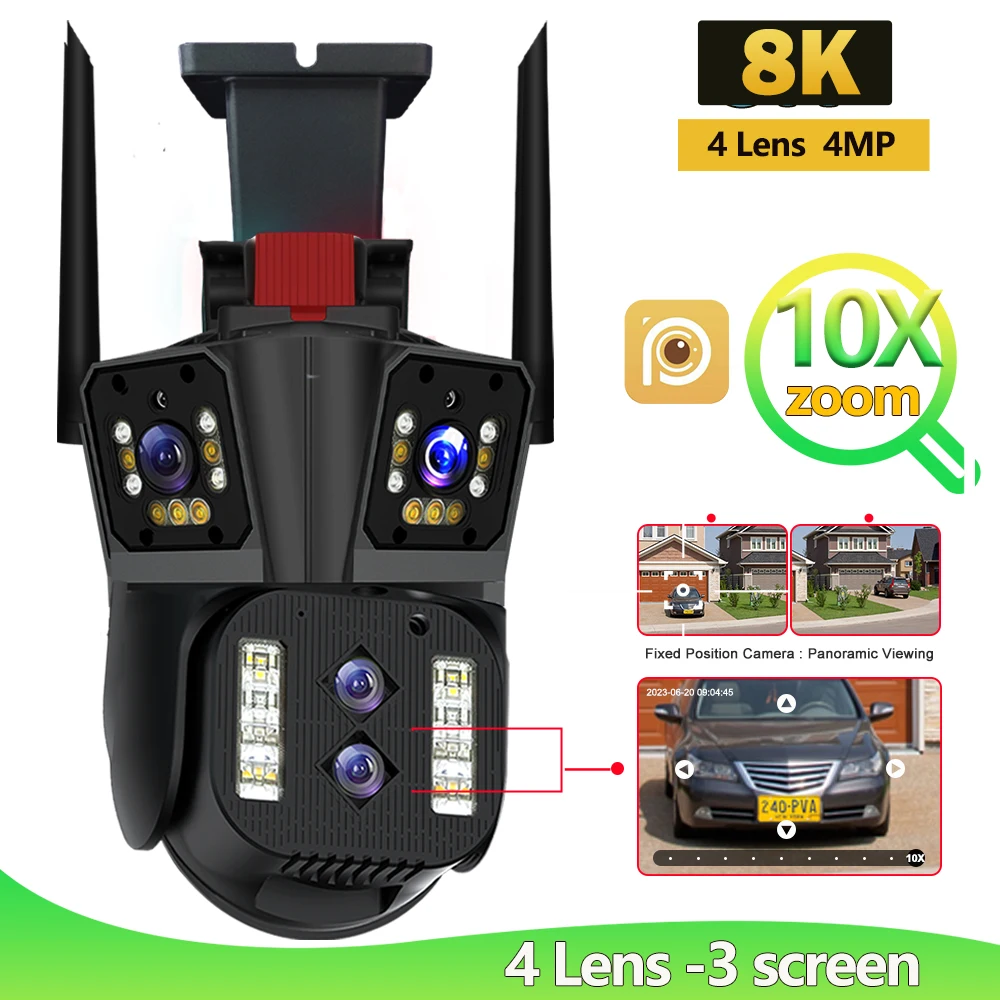 16MP 8K IP Camera WiFi 10X Zoom Security Cam Four Lens Three-Screen ...