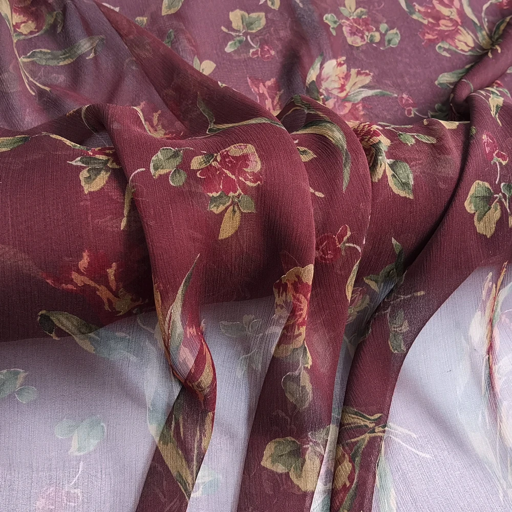 1 meter X 1.1 meter Deep Burgundy Floral Fabric Natural Silk Chiffon ...