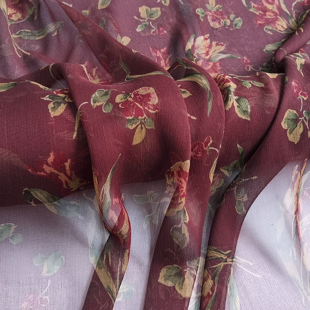 1 meter X 1.1 meter Deep Burgundy Floral Fabric Natural Silk Chiffon Crepe| | - AliExpress