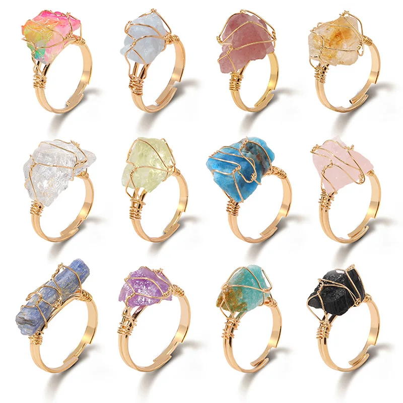 Irregular Natural Stone Rings Natural Quartzs Tourmaline Raw Stone Ring ...
